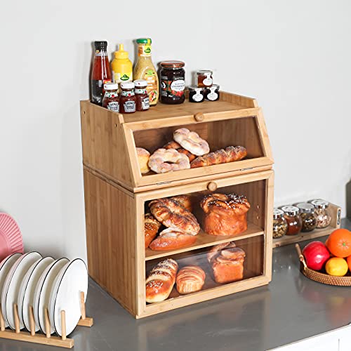 X-cosrack Large Double Separable Bamboo Bread Box Storage with Clear Window and Adjustable Compartment for Kitchen Countertop,Natural