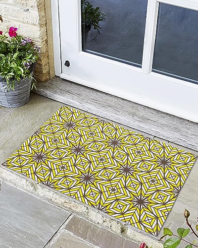 FAMILYDECOR Front Entrance Floor Mats, Non Slip Bathroom/Kitchen Mat Absorbent Durable Small Rugs, Vintage Arrangement of Ceramic Mosaic Tiles Geometric Artful Door Mat Indoor/Outdoor 18x30 inch