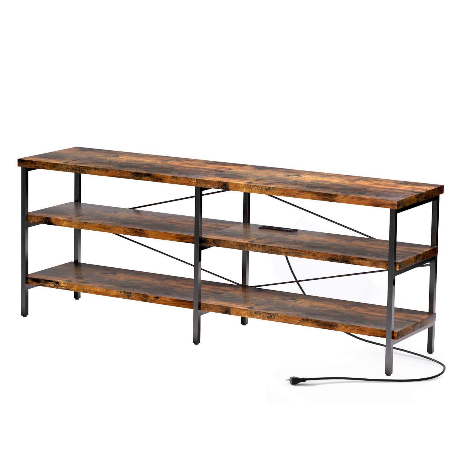 VOWNER TV Stand with Power Outlets up to 70 Inches, 63'' Entertainment Center for Living Room, TV Console Table with Open Storage Shelves, Rustic Brown
