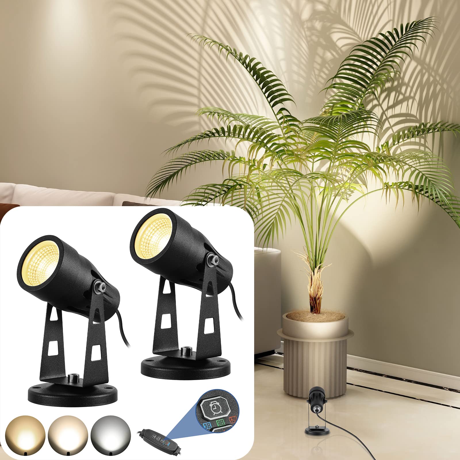 Junview 2 Pack LED Spot Lights Indoor 3000K/4000K/6000K Adjustable Up Lights Indoor 3W Dimmable Floor Spotlight for Plants Uplighting Indoor with Auto On/Off Timer for Pictures Artwork Accent Lighting