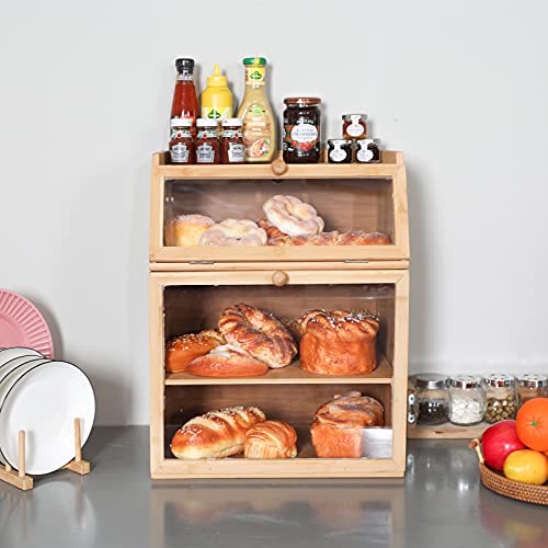X-cosrack Large Double Separable Bamboo Bread Box Storage with Clear Window and Adjustable Compartment for Kitchen Countertop,Natural