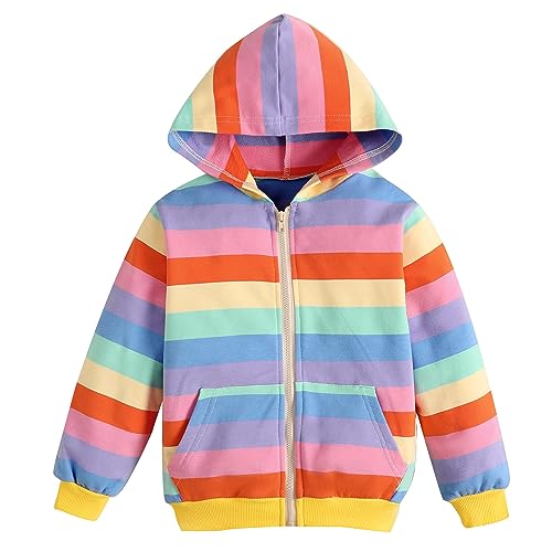 Little Hand Toddler Girls Zip-up Jacket Rainbow Sweatshirts Kids Color Stripe Hoodie Shirt Fall Outfit 5T