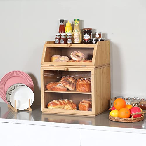 X-cosrack Large Double Separable Bamboo Bread Box Storage with Clear Window and Adjustable Compartment for Kitchen Countertop,Natural