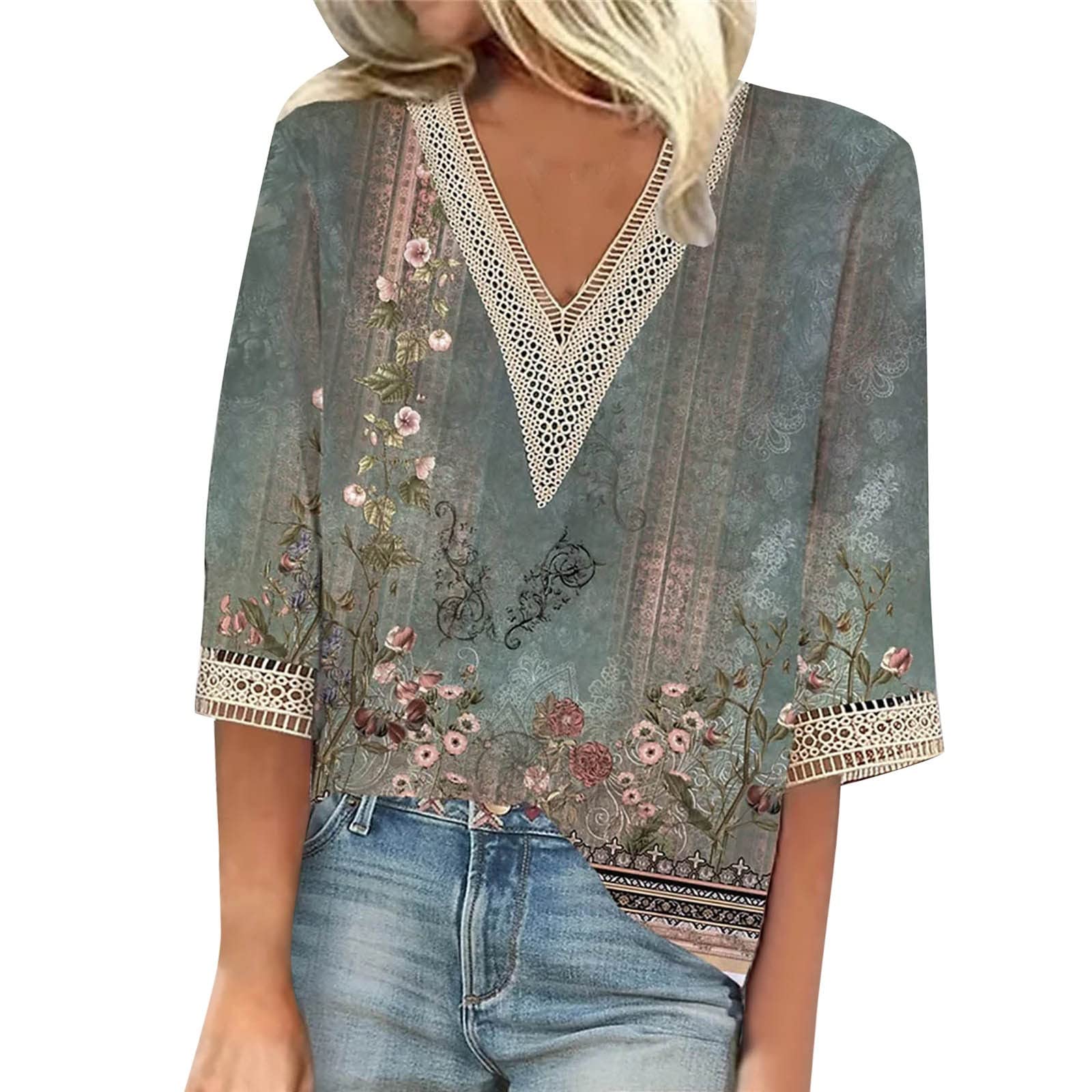 Womens 3/4 Sleeve Fall Tops for Women 2023 Trendy Dressy to Hide Belly Summer Beach Vacation Vintage T Shirt 2023 T-Shirts for Women Flowy V Neck Lace Clothes Lightweight,Green