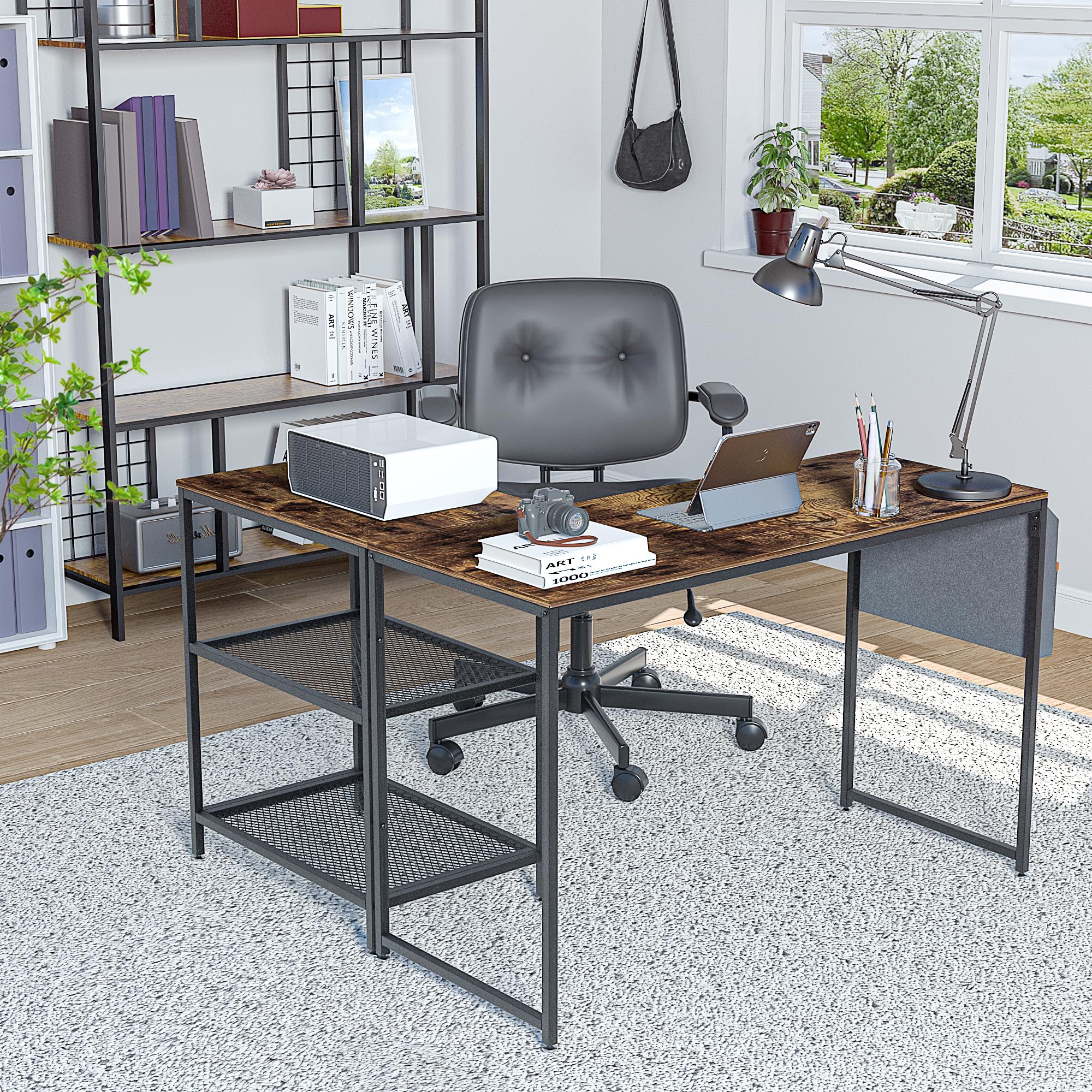 VECELO L Shaped Computer Desk with Storage Bag & Reversible Shelves, 47" PC Wooden Table for Home Office Bedroom, Writing Study Workstation with Metal Frame, Brown