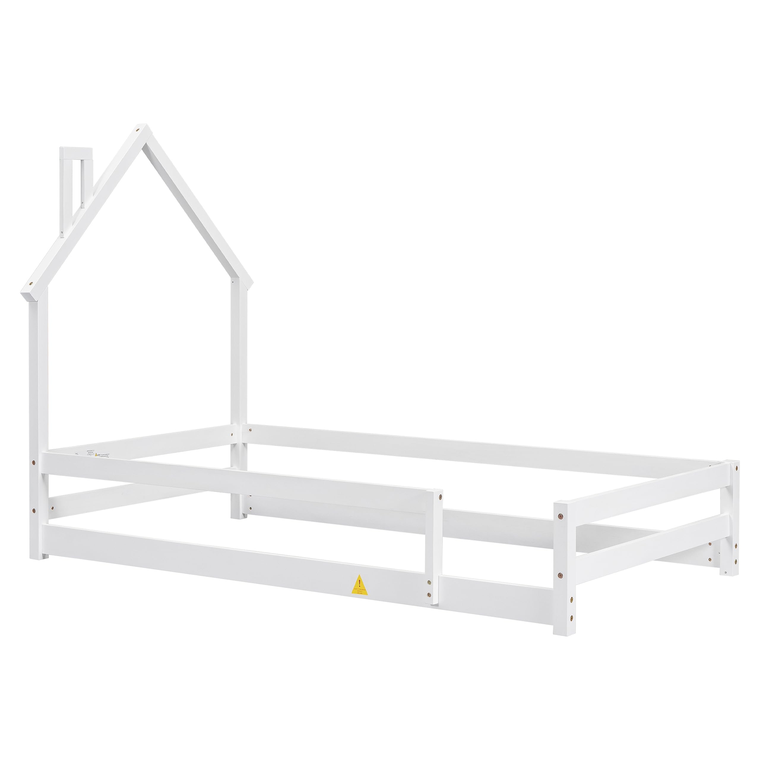 Floor Bed with Rails, Twin Size Montessori Bed with House Shape Headboard and Fence, Wood Floor Bed Frame for Kids Boys Girls, Box Spring Needed, White