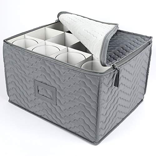 LotFancy Stemware Storage Container - Deluxe Quilted Storage Case with Dividers for 12 - Wine Glasses, Champagne Flutes, Glassware, Drinkware Storage Chest, 15.5”x12.5”x 10”, Gray