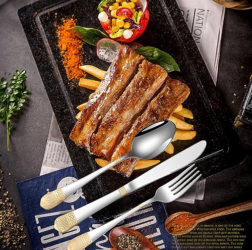 Silverware Set Cutlery Utensil Flatware Food-Grade Stainless Steel Luxury Relief Plating Retro Golden Handle Home Restaurant Small Business,Mirror Finish Tableware 24 Piece Service for 6