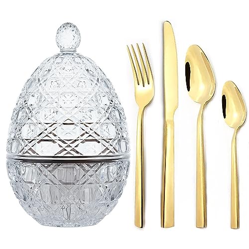 Silverware Set Gold Flatware 24-Piece for 6 Food-Grade Stainless Steel Tableware Cutlery Set Mirror Finished Utensil Sets for Home Restaurant Crystal Egg-Shaped Organizer Storage