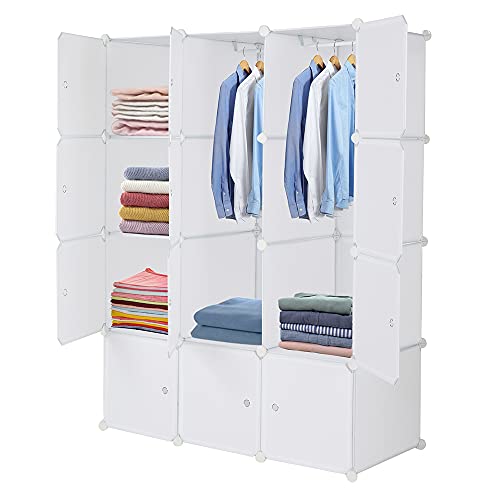 Modular Cube Organizer with Hanging Rod 12 Cube Stackable Plastic Wardrobe Cabinet with White Doors - Portable Closet Wardrobe