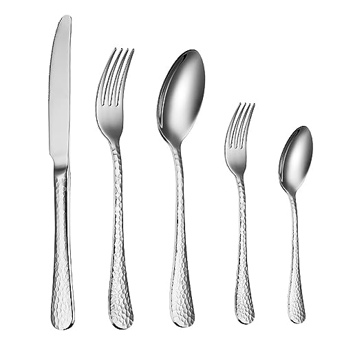 Hammered Silverware Set 16 Pieces Stainless Steel Flatware Set for 4, Mirror Polished Tableware Cutlery Set for Home Kitchen Restaurant Hotel, Kitchen Utensils Set, Modern Design, Dishwasher Safe