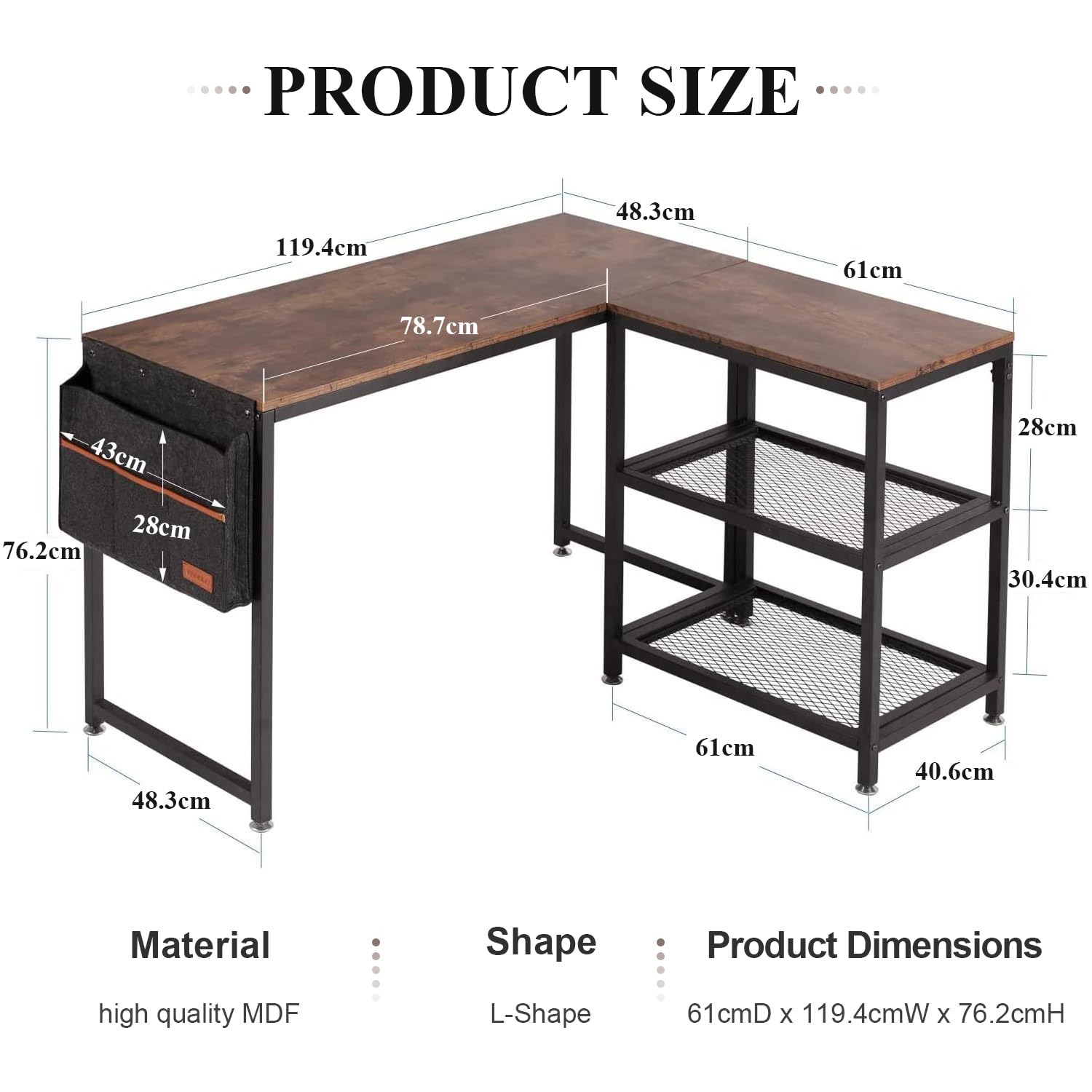 VECELO L Shaped Computer Desk with Storage Bag & Reversible Shelves, 47" PC Wooden Table for Home Office Bedroom, Writing Study Workstation with Metal Frame, Brown