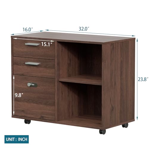 Wood File Cabinet with Coded Lock, File Cabinet for Home Office, Office Storage Cabinet with 3 Drawers and Open Storage Shelves, Filing Cabinet with Wheels, Brown Oak