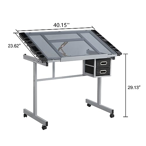 Rolling Computer Desk with Drawers, 40 In Mobile Laptop Desk, Work Desk for Home Office Desks, Writing Desk with Storage, Adjustable Tempered Glass Drafting Table, Black Study Desk for Bedroom,Grey
