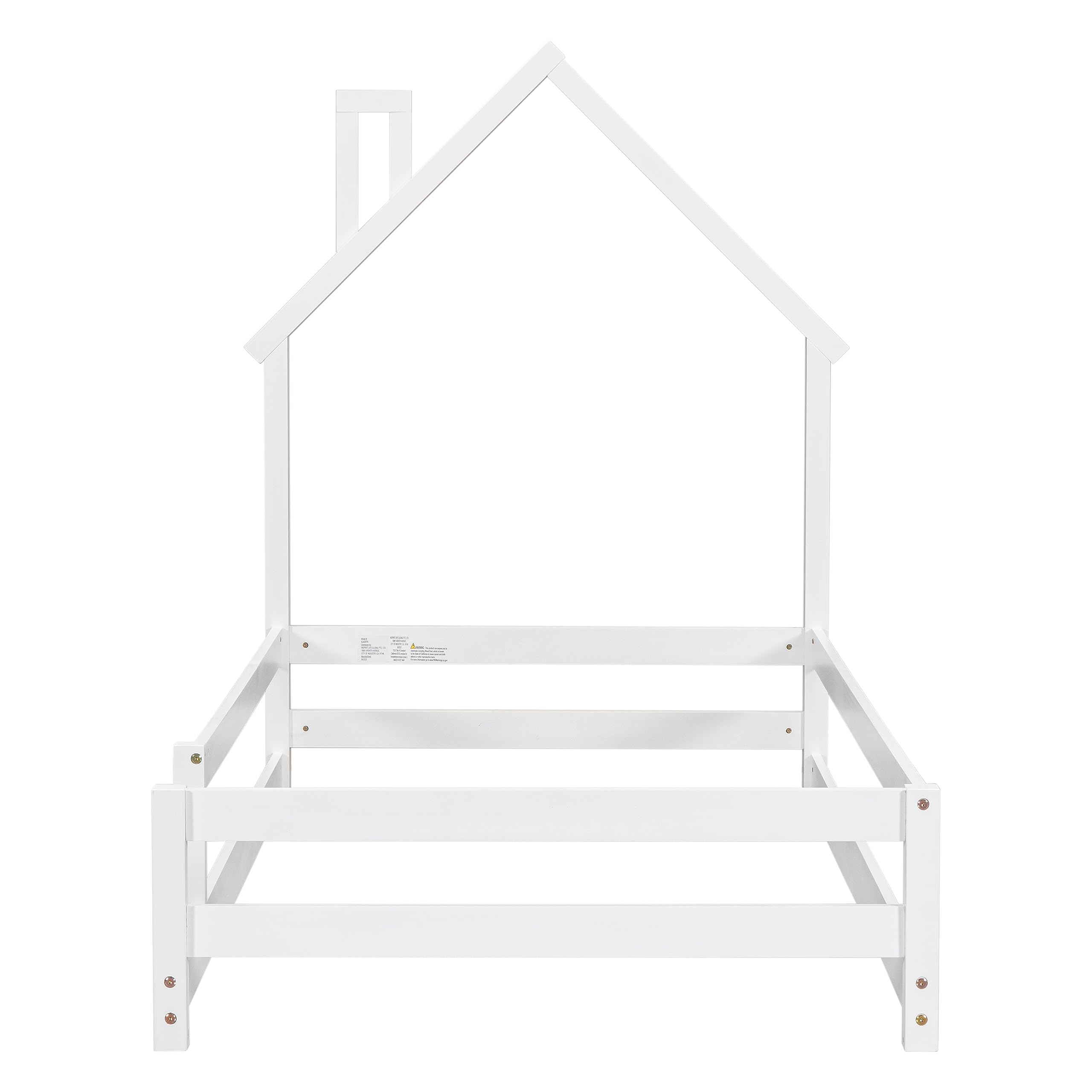 Floor Bed with Rails, Twin Size Montessori Bed with House Shape Headboard and Fence, Wood Floor Bed Frame for Kids Boys Girls, Box Spring Needed, White