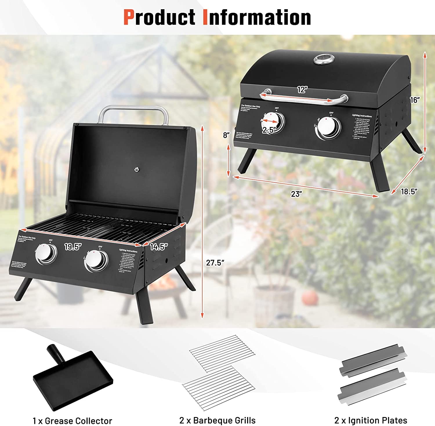 Grill Portable Gas Grill, 20,000 BTU Two Burner Tabletop Barbecue Grill w/Built-in Thermometer, Grease Tray, Waterproof Top Lid, Folding Legs, Compact Propane Grill for Backyard, Camping, Picnic
