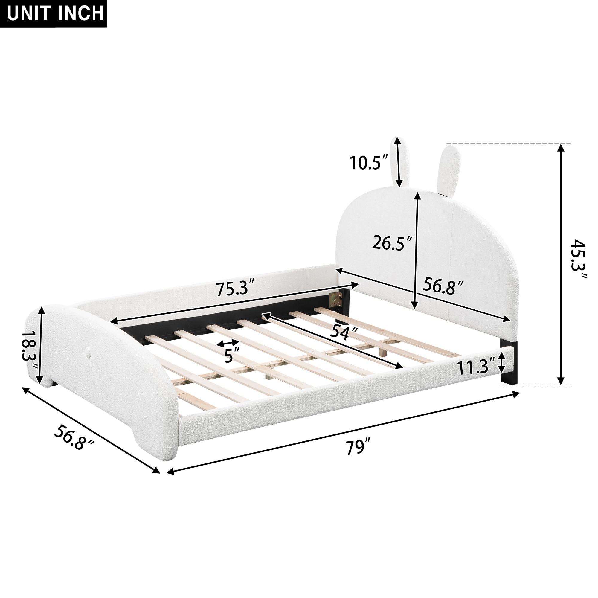 Full Size Upholstered Platform Bed with Cartoon Ears Shaped Headboard, for Kid's Bedroom Furniture