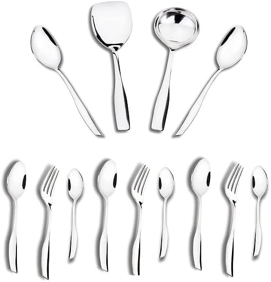 Stainless Steel Flatware & Cutlery Serving Set Premium Fork Dinner Spoons, Tableware Spoon & Tea & Dessert Spoons with Ladle karchi, Rice & Serving Spoon Set of 22 PCS
