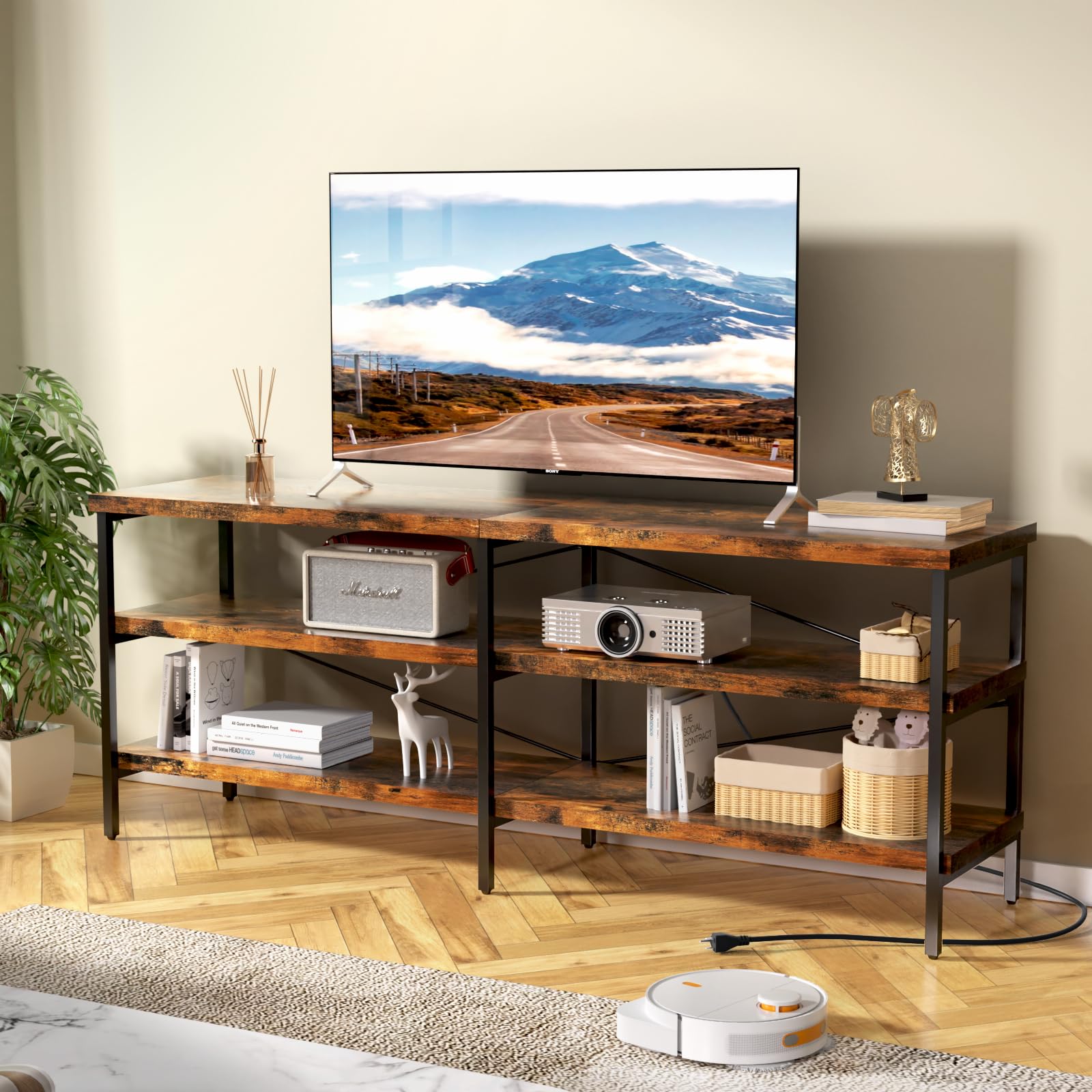 VOWNER TV Stand with Power Outlets up to 70 Inches, 63'' Entertainment Center for Living Room, TV Console Table with Open Storage Shelves, Rustic Brown