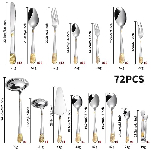 Silverware Set Flatware 72-Piece Luxury Relief Plating Retro Golden Stainless Steel Tableware Cutlery Set with Storage Box Kitchen Utensils Spoon and Fork Set Hand Wash Recommended