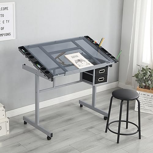 Rolling Computer Desk with Drawers, 40 In Mobile Laptop Desk, Work Desk for Home Office Desks, Writing Desk with Storage, Adjustable Tempered Glass Drafting Table, Black Study Desk for Bedroom,Grey