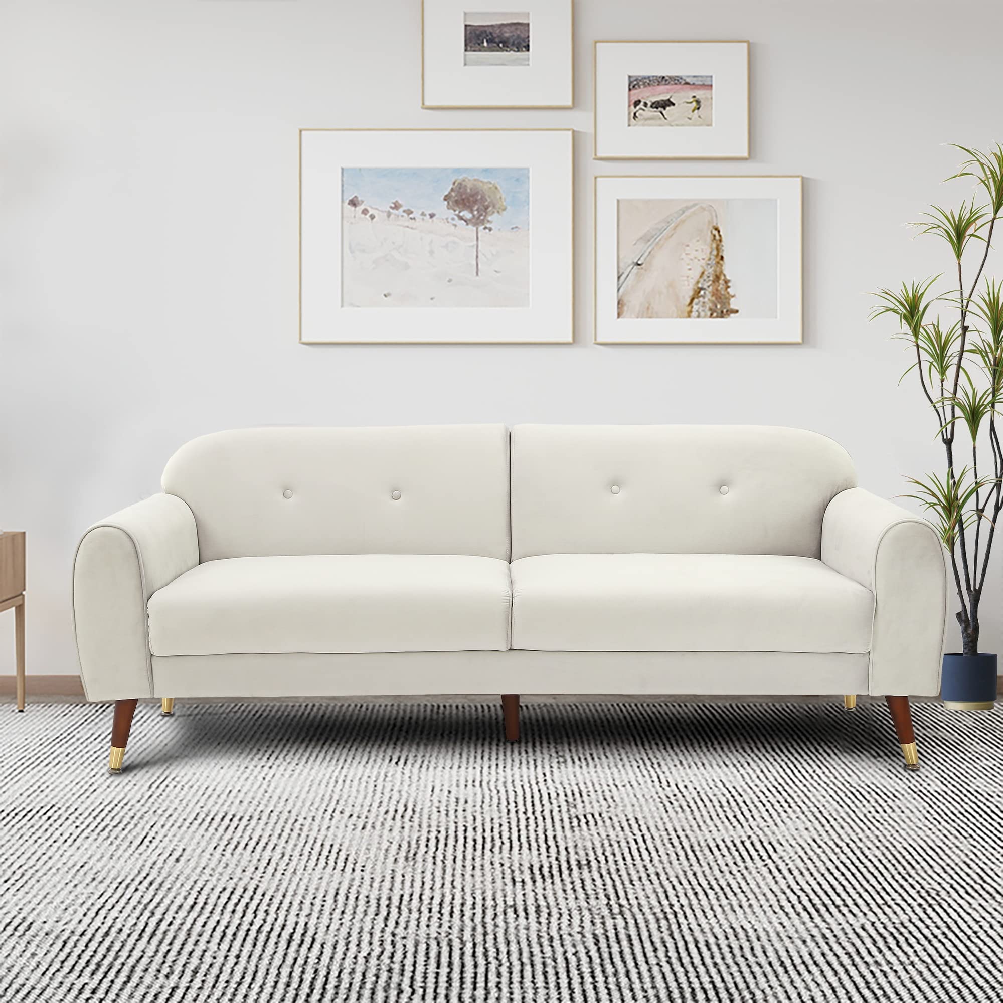 LCH 75" W Loveseat Sofa, Mid Century Modern Decor Furniture, Lovetseat with Wood Legs, Button Tufted Upholstered Love Seat Couch for Living Room, Beige Velvet