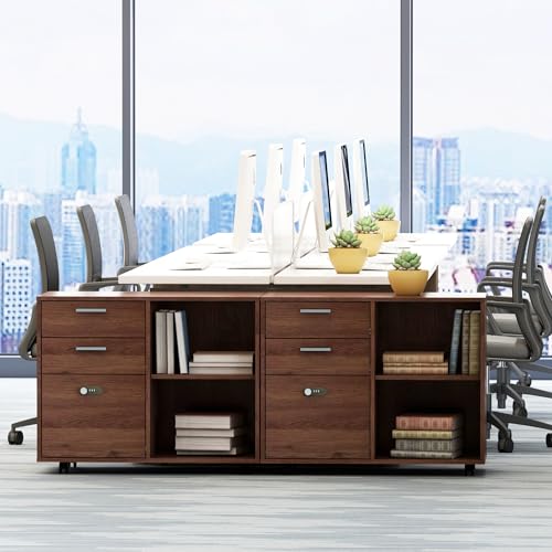 Wood File Cabinet with Coded Lock, File Cabinet for Home Office, Office Storage Cabinet with 3 Drawers and Open Storage Shelves, Filing Cabinet with Wheels, Brown Oak