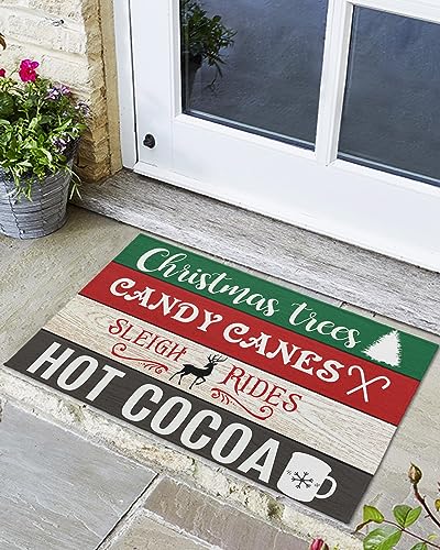 Savannan Floor Mats,Christmas Trees Candy Canes Sleigh Rides Hot Cocoa Wooden Red Green Gray Non Slip Latex Backing Ultrathin Loop Pile Door Rugs for Dining Room Office Home Decor 24"x36"