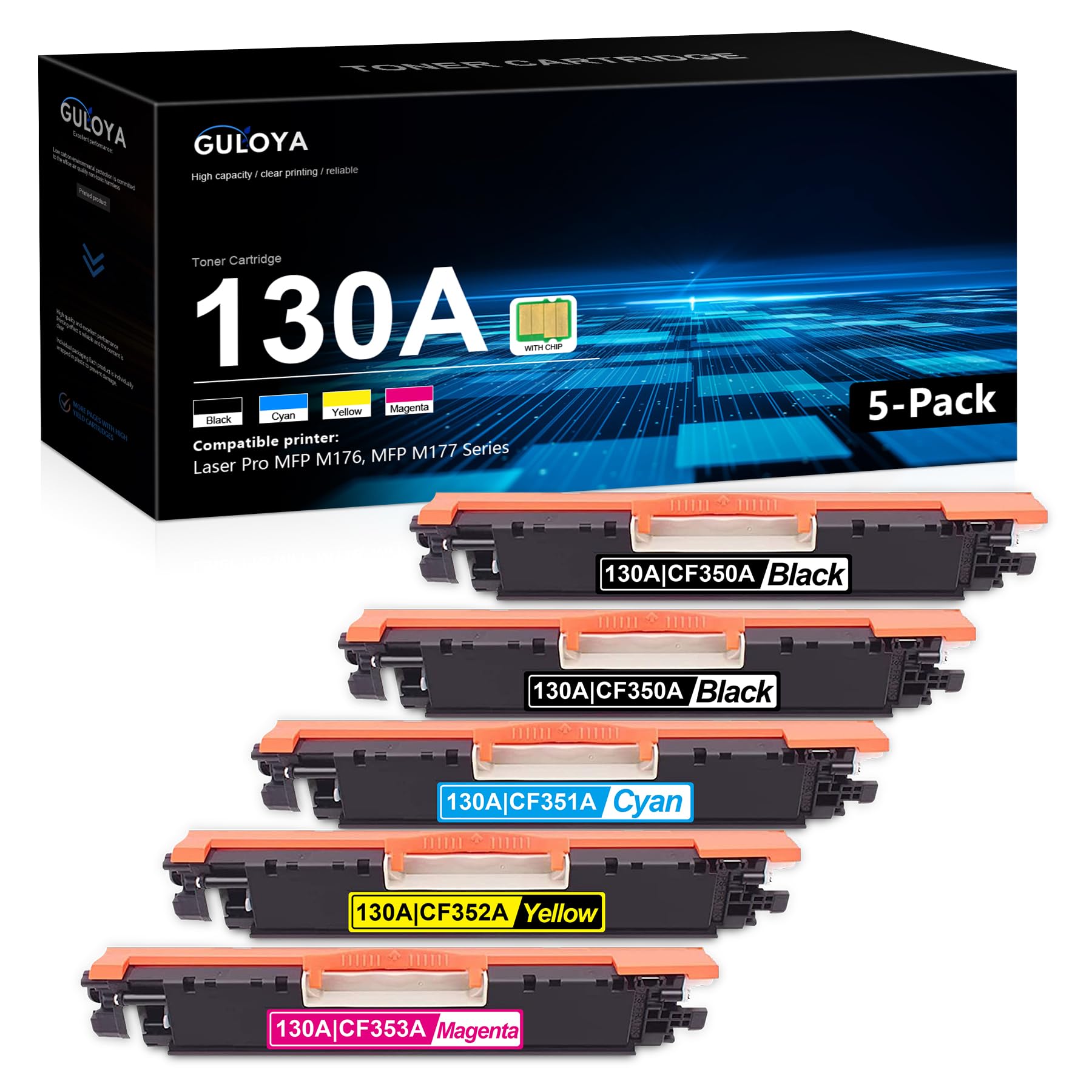 (New Chip) 130A Black Cyan Magenta Yellow Toner Cartridges 5-Pack | Replacement for HP 130A for Pro 100 color MFP M175, Pro CP1025, TopShot Pro M275 MFP Series Printer | CF350A, CF351A, CF352A, CF353A