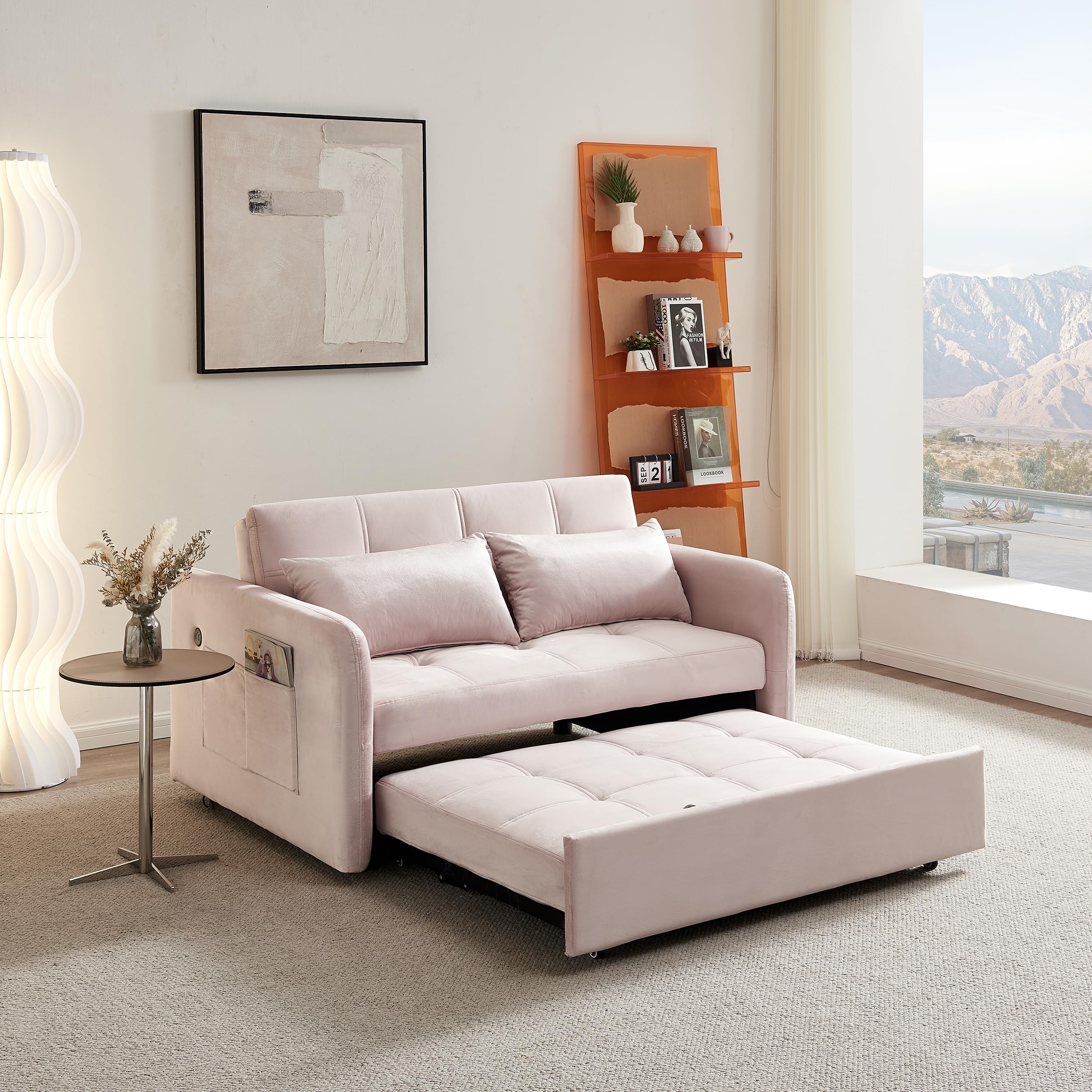 Eafurn 3 in 1 Sleeper Couch Sofa Bed,Convertible Pull Out Loveseat with Adjustable Backrest and Side Pocket,Comfy 2 Seater Love Seat Lounge Futon Sofa & Couches for Living Room Apartment Small Places