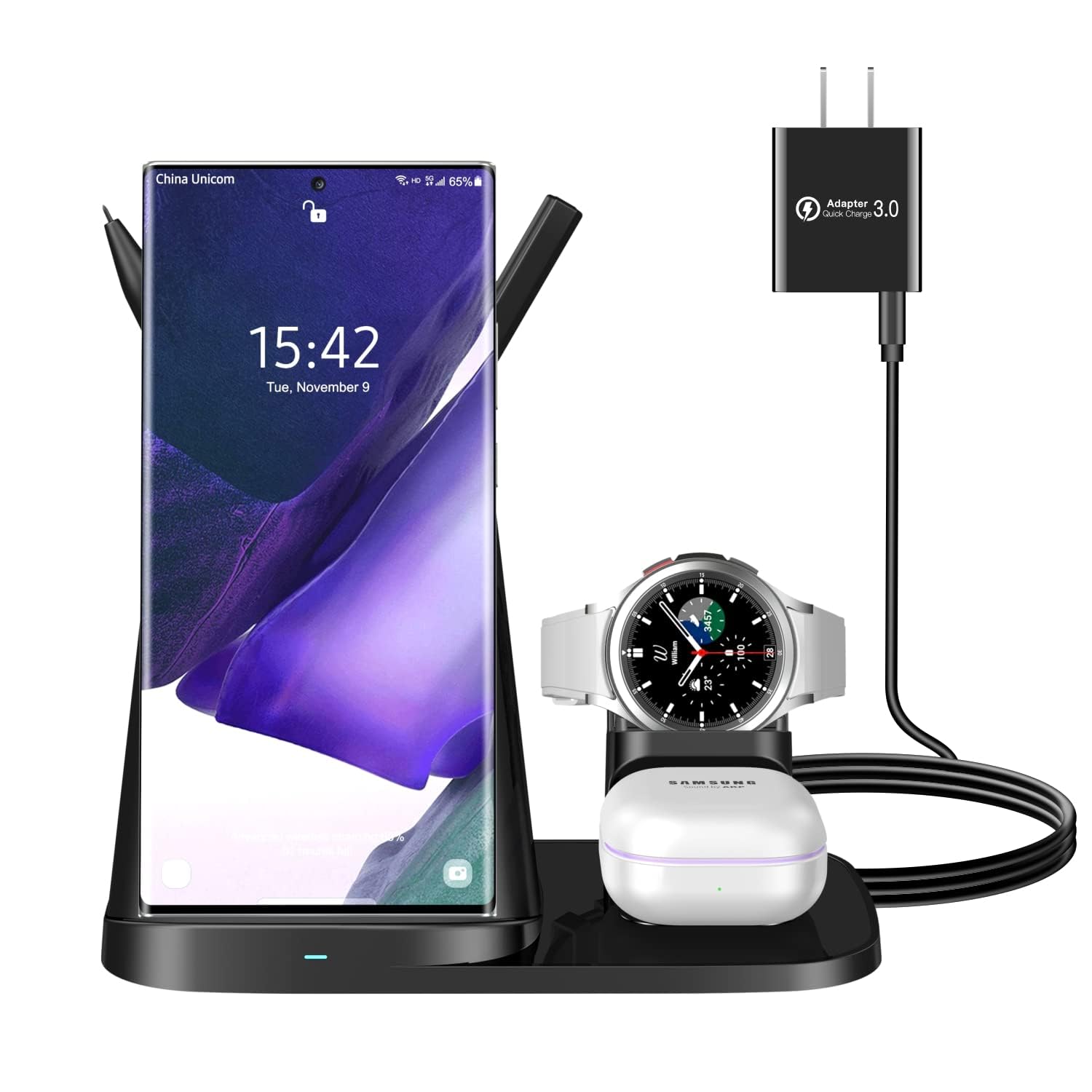 UKERSO 4 in 1 Charging Station for Samsung S23 Ultra Plus S22 S21 S20 Note20 Z Flip 4/3 Z Fold,Fast Wireless Charger Stand Compatible with Galaxy Watch 5 Pro/4/3/Active 2/Gear S4,Buds