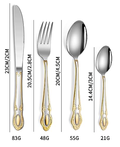 Silverware Set Cutlery Utensil Flatware Food-Grade Stainless Steel Luxury Relief Plating Retro Golden Handle Home Restaurant Small Business,Mirror Finish Tableware 24 Piece Service for 6