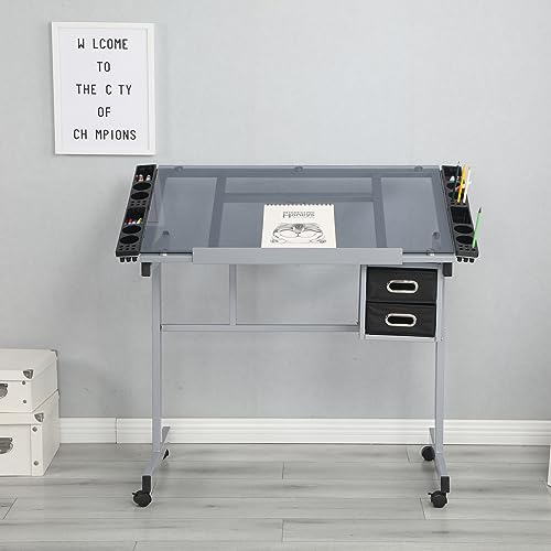 Rolling Computer Desk with Drawers, 40 In Mobile Laptop Desk, Work Desk for Home Office Desks, Writing Desk with Storage, Adjustable Tempered Glass Drafting Table, Black Study Desk for Bedroom,Grey