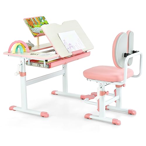 Costzon Kids Desk and Chair Set, Height-Adjustable Student Study Desk with Tiltable Desktop, Book Stand, Ergonomic Chair with Footrest, Writing Table & Chair Set for Boys Girls (Pink)