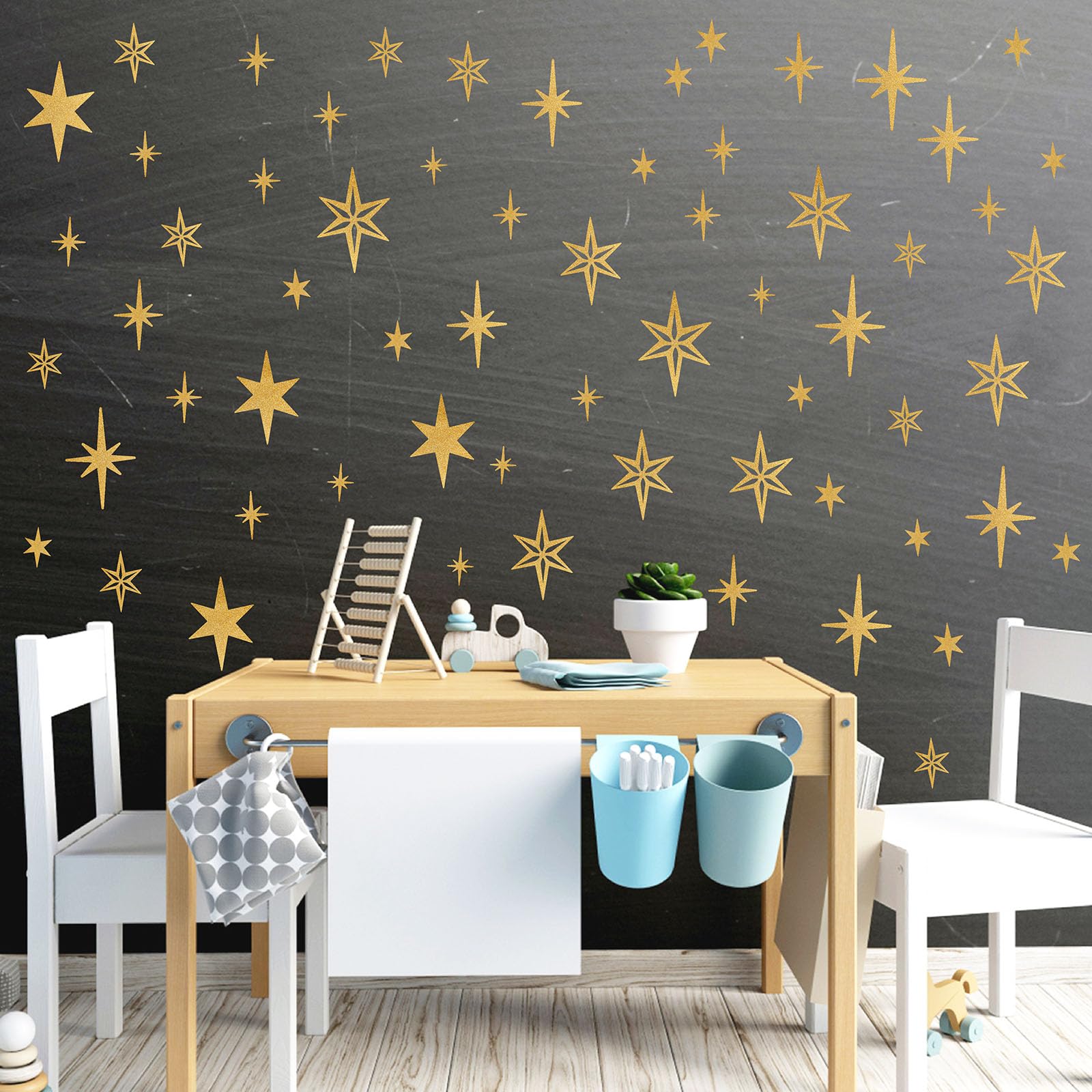 Gold Star Wall Decals Metallic Vinyl Star Wall Stickers Gold Sticker Wall Decor Sparkle Starburst Wall Decals Peel and Stick Retro Star Wall Stickers for Bedroom Living Room Decor