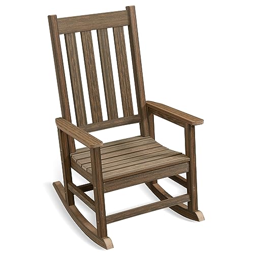 Marcytop Outdoor Indoor Rocking Chair, HDPE Poly Rocking Chair with Wide Contoured Seat, Support up to 350 lbs, Low Maintenance and Weather Resistance Oversized Porch Rocker, Bright Brown