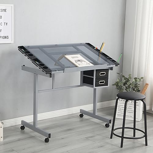 Rolling Computer Desk with Drawers, 40 In Mobile Laptop Desk, Work Desk for Home Office Desks, Writing Desk with Storage, Adjustable Tempered Glass Drafting Table, Black Study Desk for Bedroom,Grey