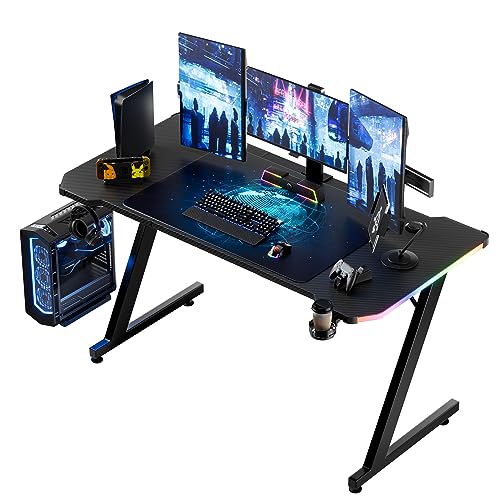 Kemon Gaming Desk with LED Lights, Z Shaped PC Gaming Table Computer Desk Ergonomic Home Office Desks, Carbon Fibre Surface Gamer Workstation with Mouse Pad, Cup Holder and Headphone Hook (63 inch)