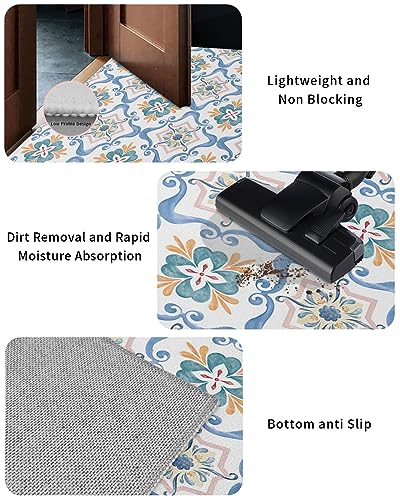 Front Entrance Floor Mats, Non Slip Bathroom/Kitchen Mat Absorbent Durable Small Rugs, St. Patrick's Day Four Leaf Clover Retro Tile Pattern Door Mat Indoor/Outdoor Carpet Shoes Scraper 16x24 inch