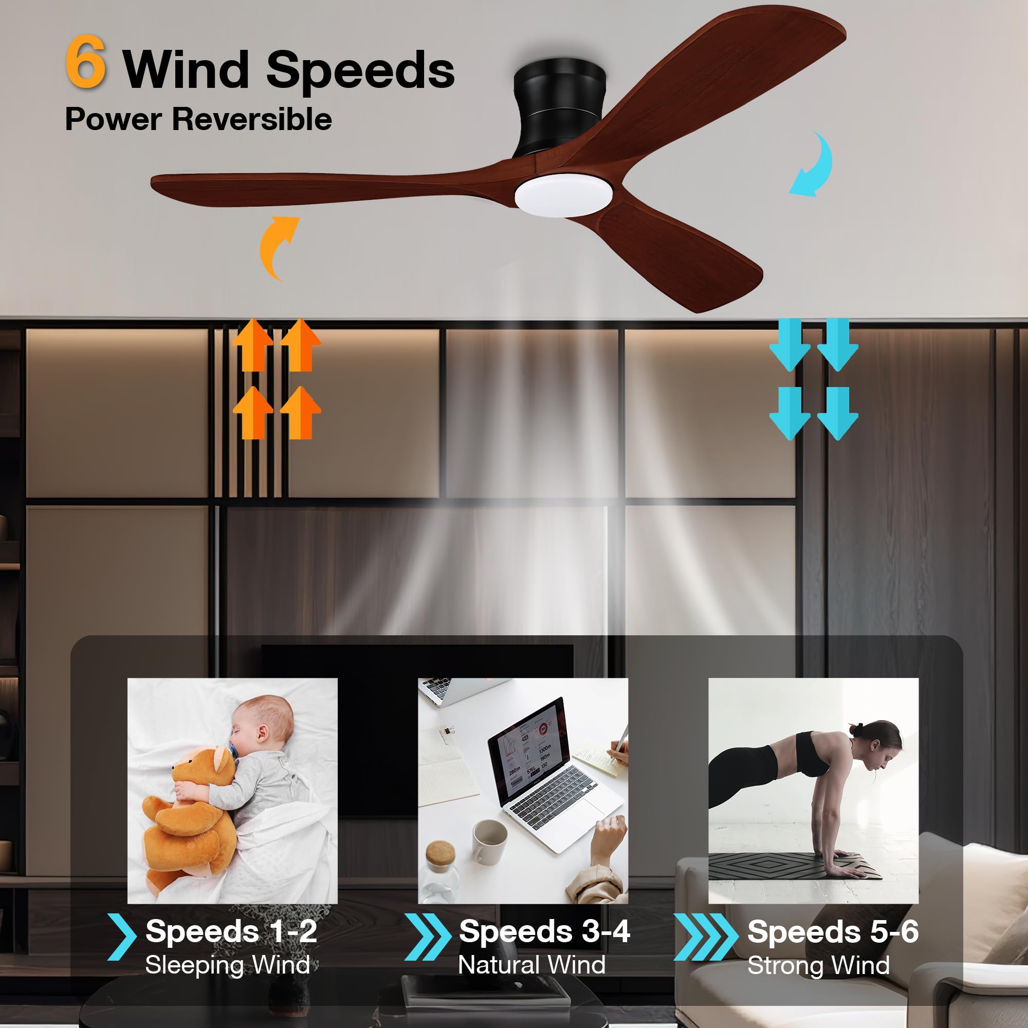 Hoenofly 52” Smart Wood Flush Mount Ceiling Fans with Lights Remote,Quiet DC Motor,Outdoor Indoor Low Profile Ceiling Fan,Voice WIFI Alexa App Control,Dimmable,6-speed,for Modern Bedroom Patio