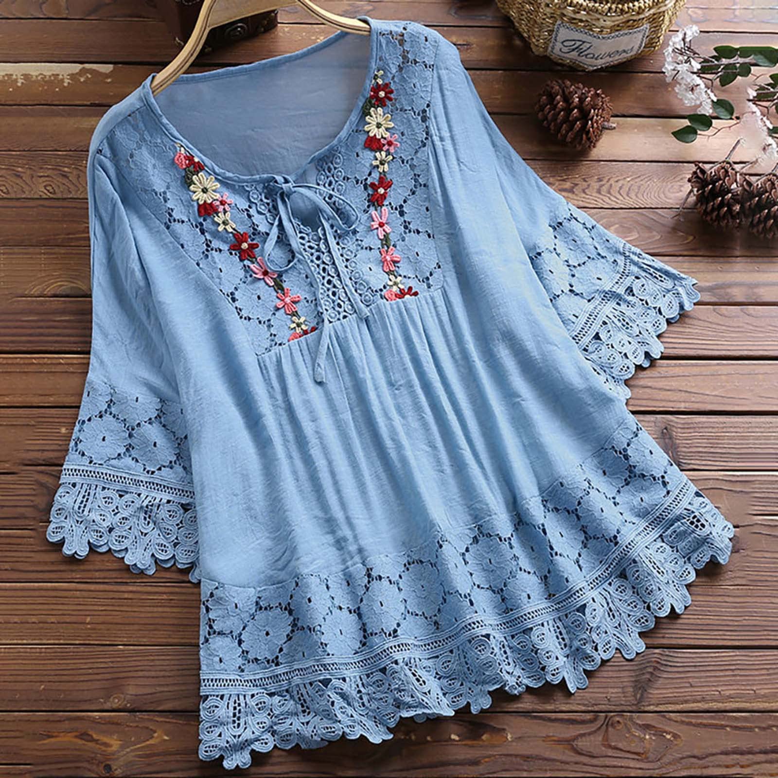Womens 3/4 Sleeve Shirts Casual Bow V Neck Lace Tops Blouse Fashion Boho Shirts for Women