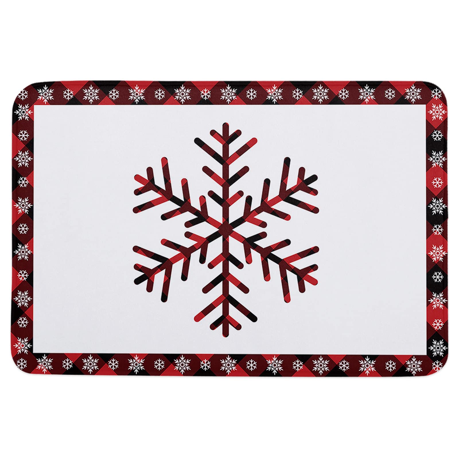 Red Plaid Snowflake Christmas Bath Rugs Checkered Sponge Doormat Non Slip Backing Durable Soft Flannel Mat Memory Foam Mats Carpet for Bathroom Kitchen 32x20In