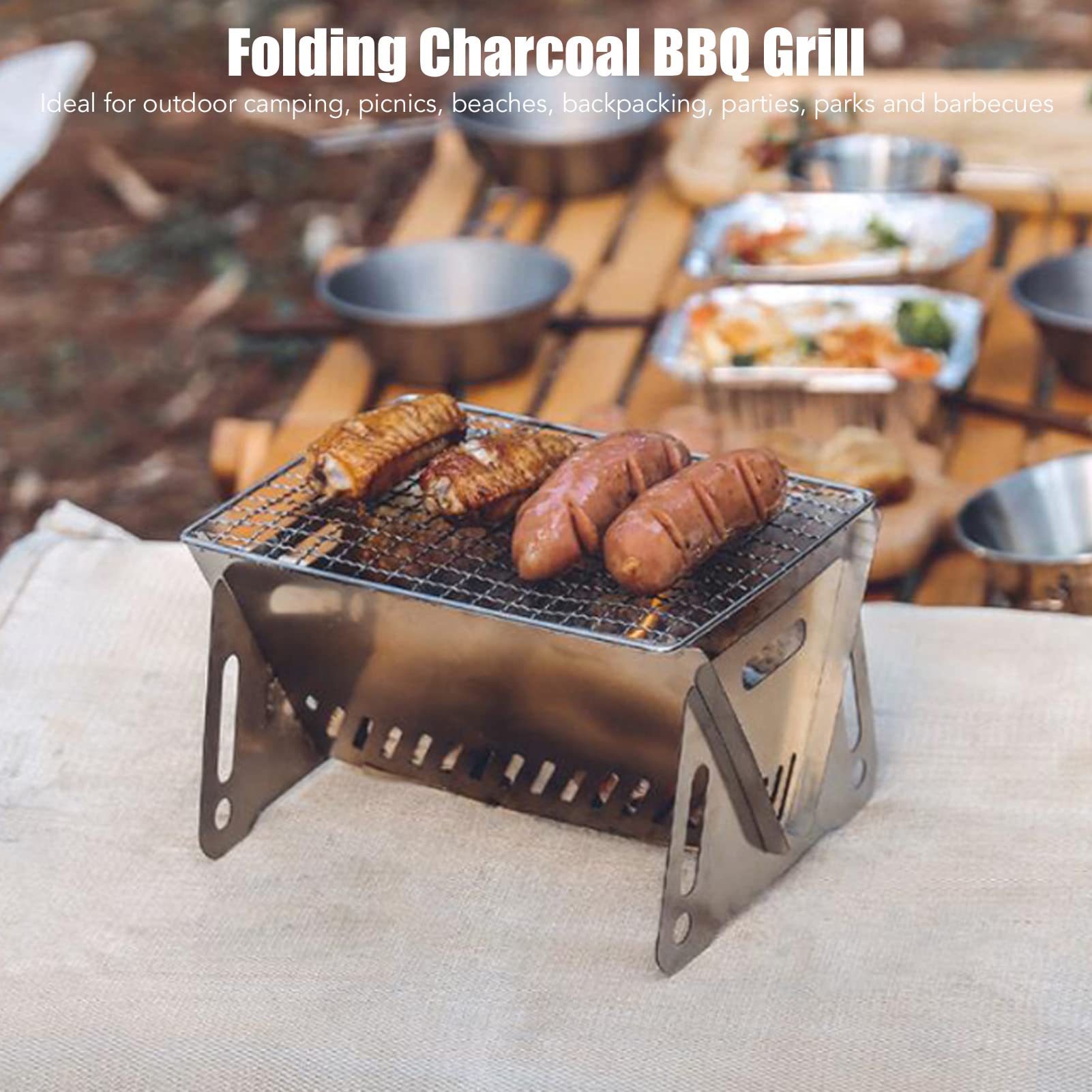 Topyond Foldable BBQ Grill, Portable Stainless Steel Charcoal Grill with Ventilation Holes, Heat Resistant Campfire Grill for Outdoor Cooking, Camping, Patio Use