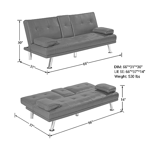 Haplized Leather Futon Sofa Bed, Convertible Folding Couch with Armrest and 2 Cupholders, Sofa Bed Couch for Living Room, Small Place (Coffee)