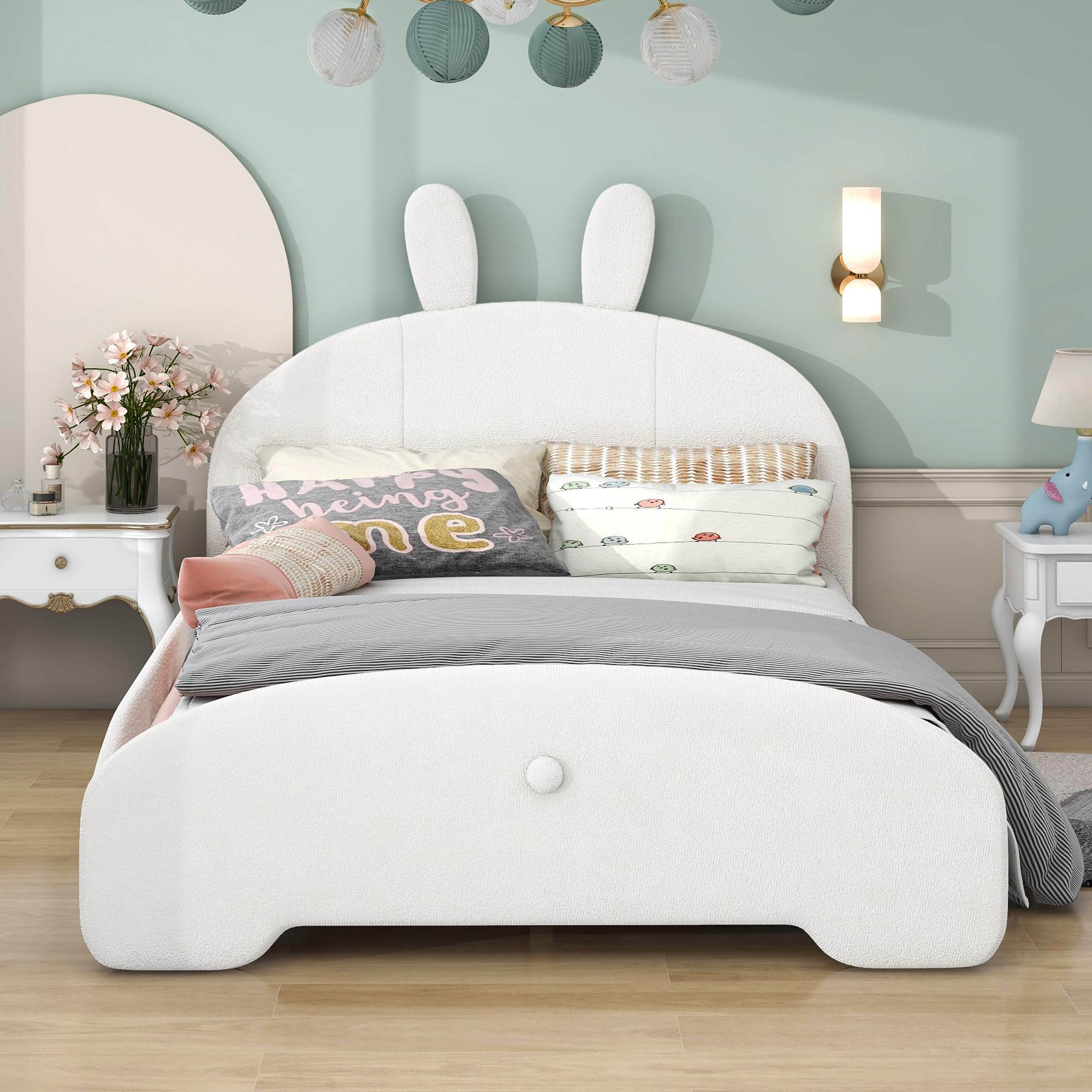 Full Size Upholstered Platform Bed with Cartoon Ears Shaped Headboard, for Kid's Bedroom Furniture