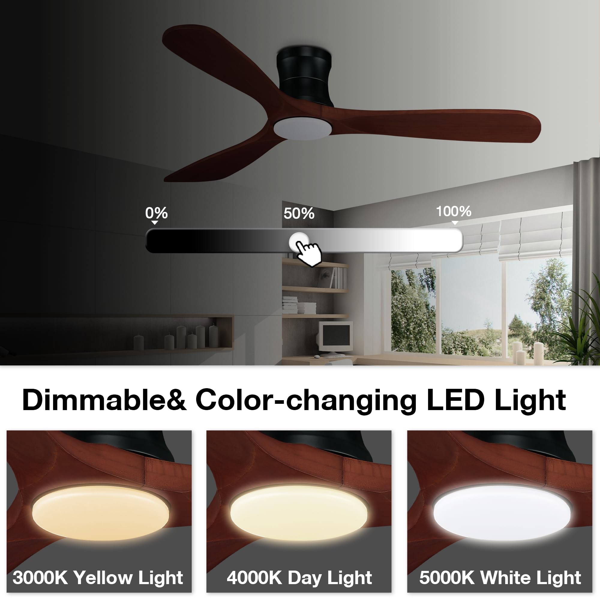 Hoenofly 52” Smart Wood Flush Mount Ceiling Fans with Lights Remote,Quiet DC Motor,Outdoor Indoor Low Profile Ceiling Fan,Voice WIFI Alexa App Control,Dimmable,6-speed,for Modern Bedroom Patio