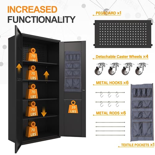 ANTISTA Metal Storage Cabinet - 72-Inch Black Lockable Garage Cabinet with Doors& 4 Adjustable Shelves | Heavy-Duty Steel Cabinet for Garage, Office, Pantry, Gym