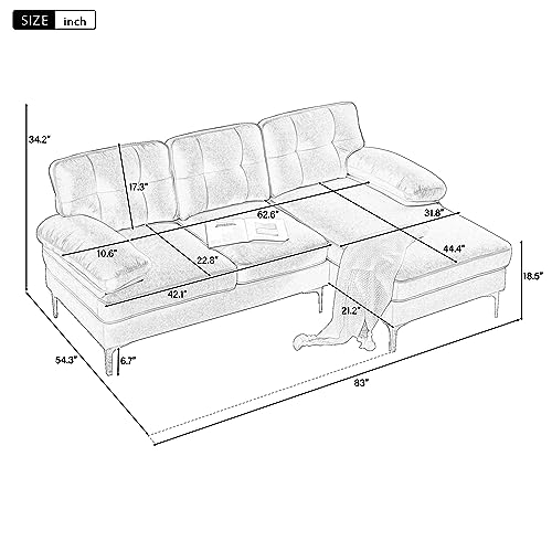 BIADNBZ 83" Velvet Sectional Sofa with Right Chaise, Modern L-Shaped Couch with Armrest for Living Room Bedroom Corner, Brown