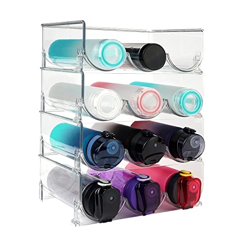 Stackable Water Bottle Organizer for Cabinet, Pantry, Freezer - Plastic Free-Standing Water Bottle and Wine Rack Storage Organizer for Kitchen Countertops, Fridge - Holds 3 Bottles Each (4 Pack)