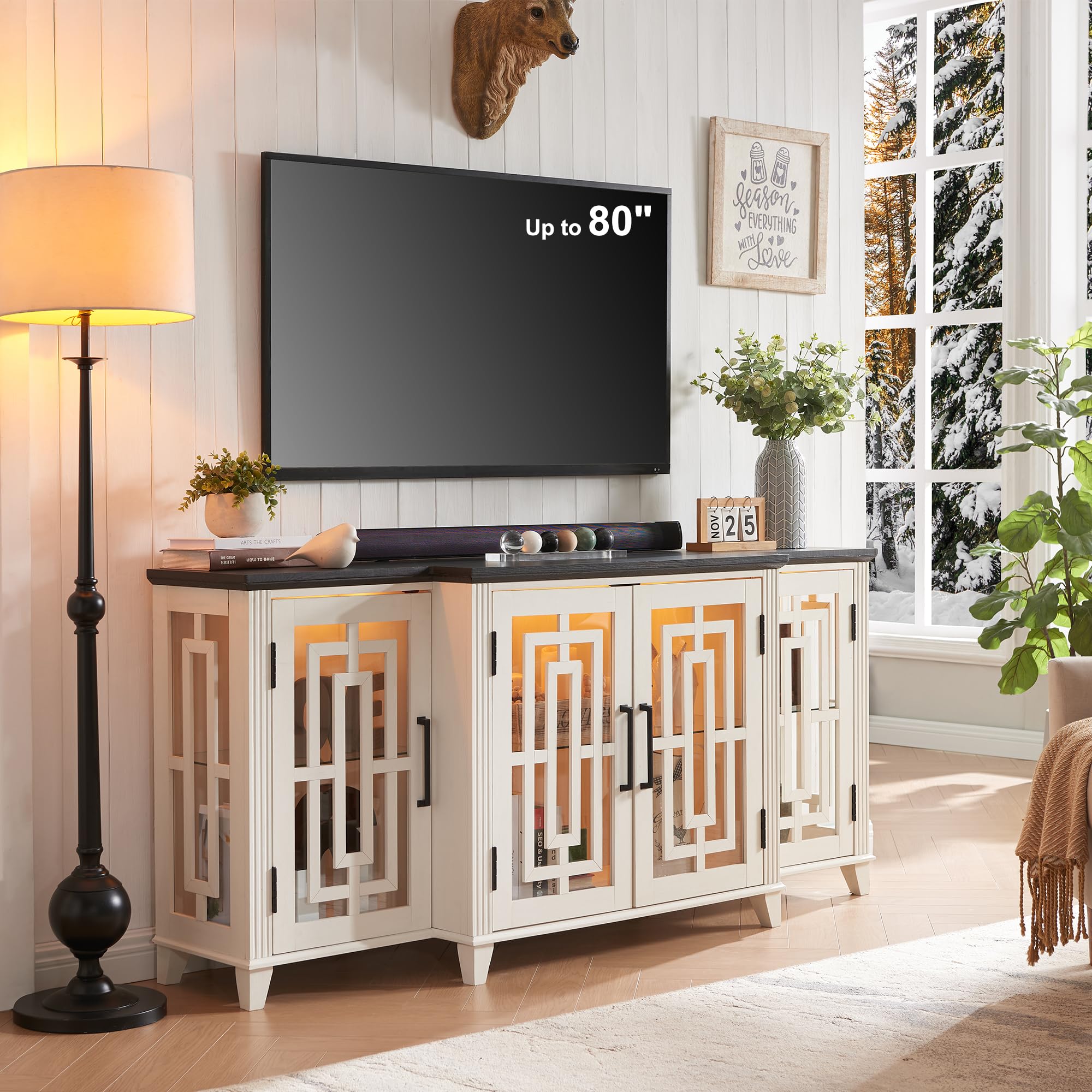 JXQTLINGMU Ultra Large 70 inch TV Stand for 80 Inch TV, LED Media Console with 3-Sides Hollow Out Glass Doors, Farmhouse Entertainment Center with Storage for Living Room, Bedroom, White